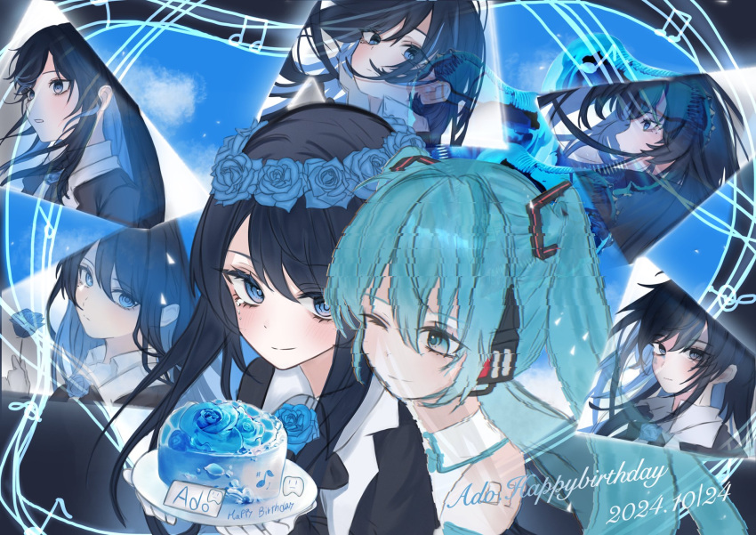 Safebooru - 2girls 89 701 ado (utaite) aqua hair birthday cake black hair blue eyes blue flower ...