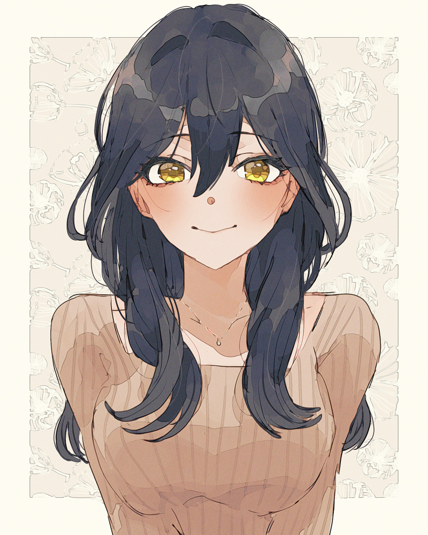 Safebooru - 1girl absurdres black hair blush border breasts brown shirt collarbone commentary ...