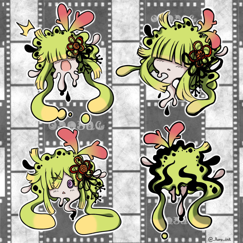 Safebooru - 1girl aki mabayu covered eyes film strip green hair head ...