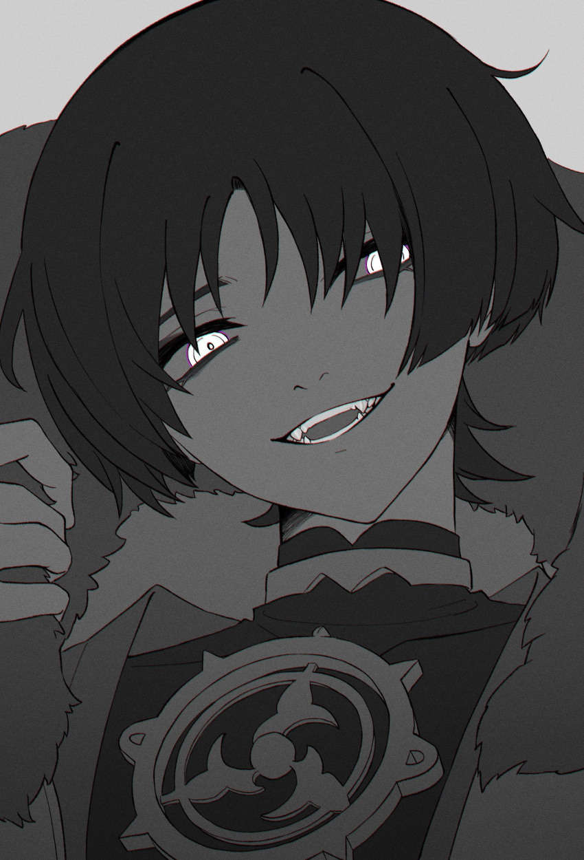 Safebooru - 1boy blunt ends bodysuit coat covered collarbone eyebrows hidden by hair fur-trimmed ...