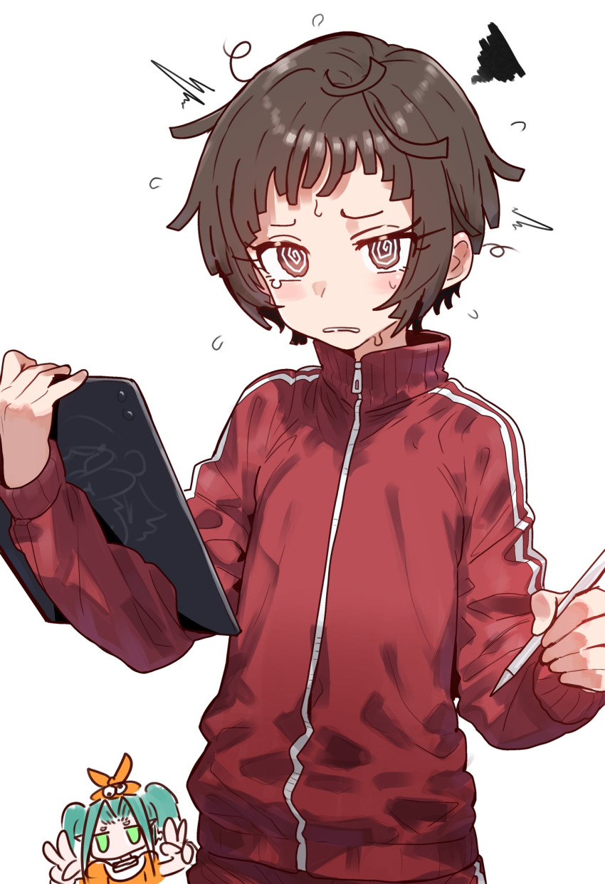 Safebooru - 1girl @ @ ^^^ blush brown eyes brown hair chibi chibi inset ...