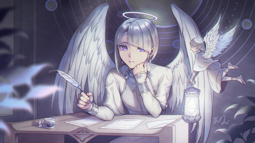 Safebooru - 2boys angel angel wings blonde hair blunt ends bob cut ...