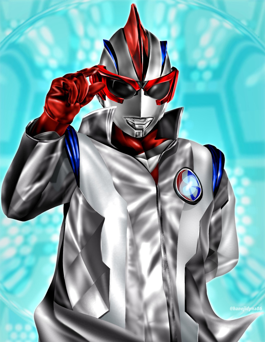 Safebooru - 1boy alien arm behind back blue background blue coat blue ...