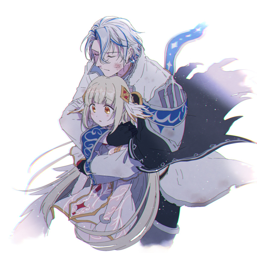 Safebooru - 1boy 1girl 770 (mo70ot) ashley dina black gloves blue hair brown hair cape closed ...