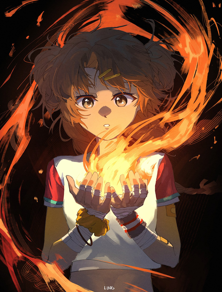 Safebooru - 1girl :o artist name bandaged arm bandaged hand bandages black background blue ...