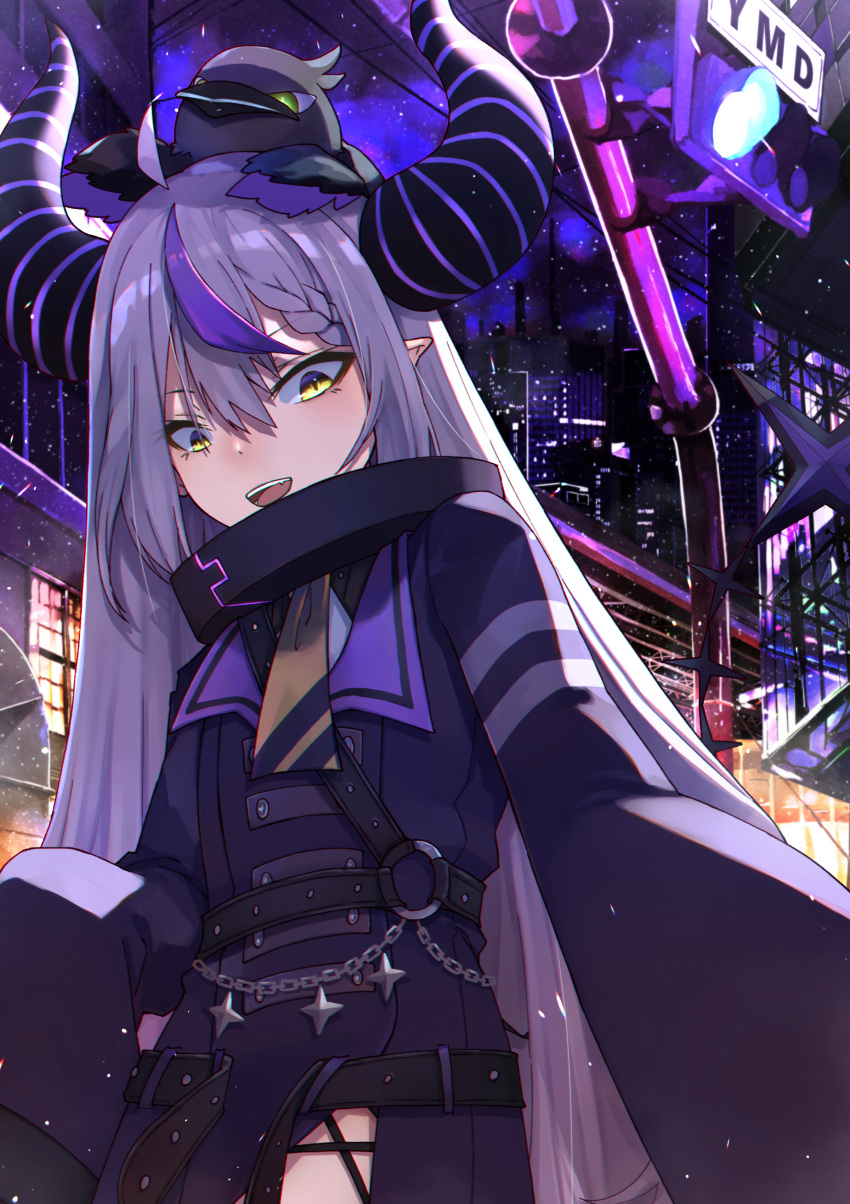 Safebooru - 1girl absurdres ahoge animal on head belt bird black belt black horns braid buttons ...