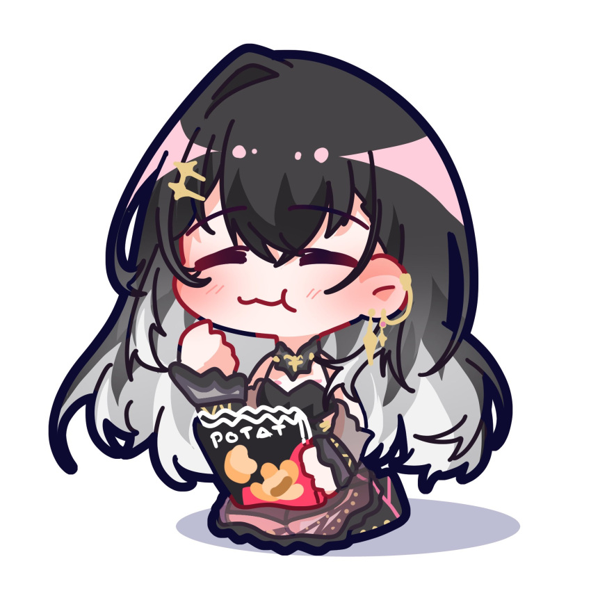 Safebooru - 1girl :3 black dress black hair chibi chibi only chips ...