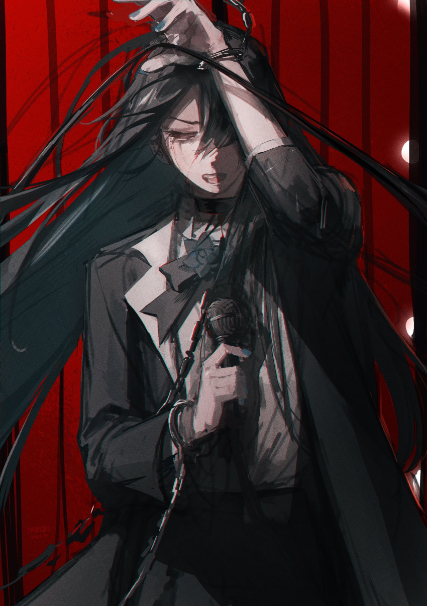 Safebooru - 1girl ado (utaite) ado box black bow black bowtie black choker black coat black hair ...