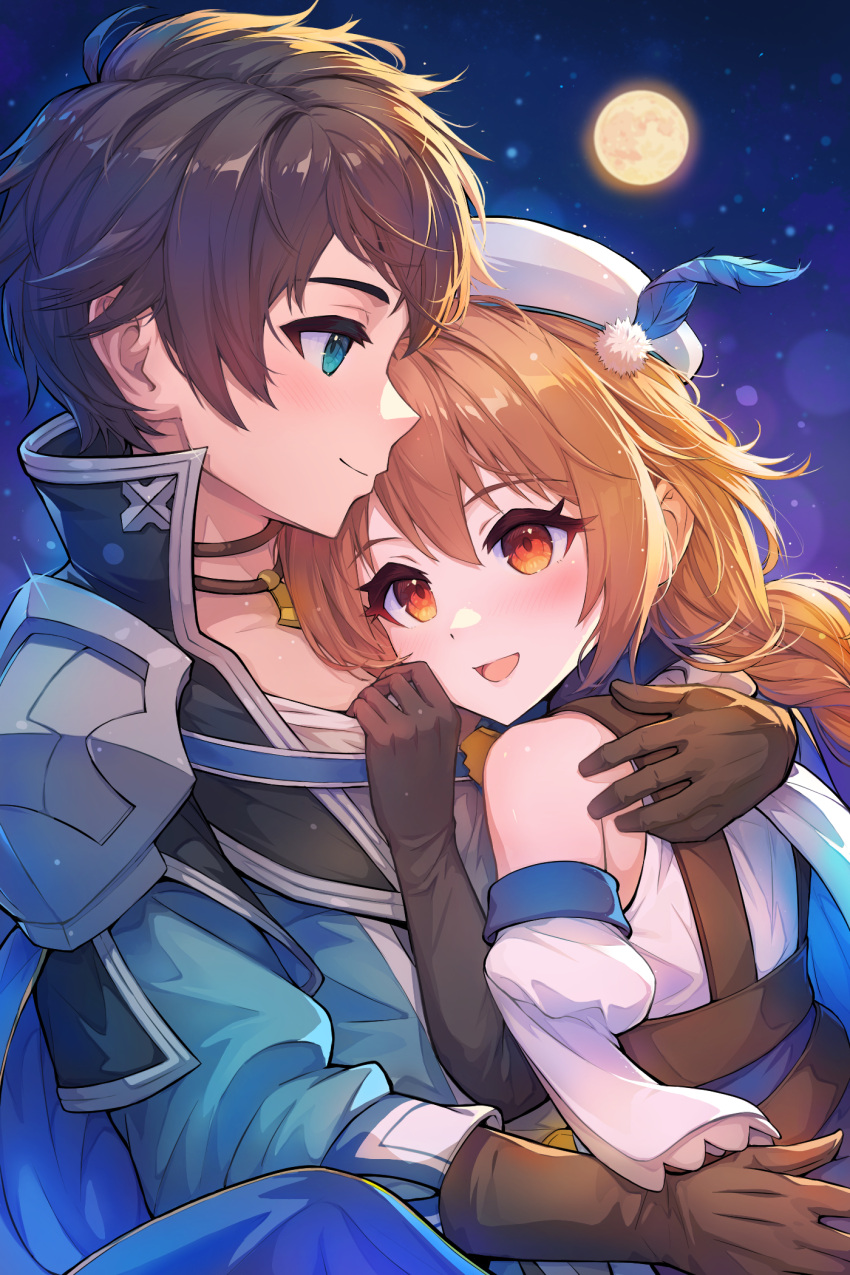 Safebooru - 1boy 1girl beret black gloves black hair blue cape blue eyes blue feathers braid ...