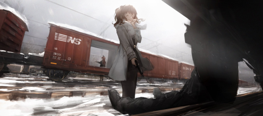 Safebooru - 1other 2girls coat cold execution faceless faceless male ...