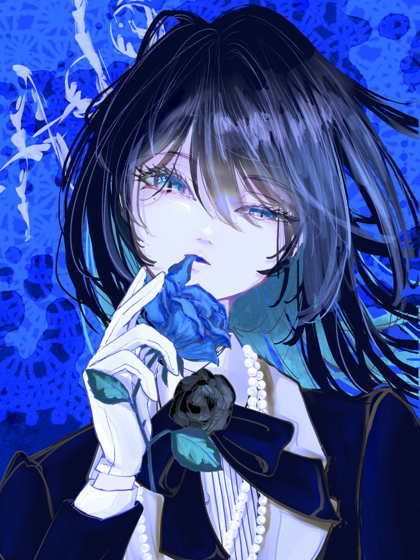 Safebooru - 1girl absurdres ado (utaite) bead necklace beads black bow black bowtie black flower ...