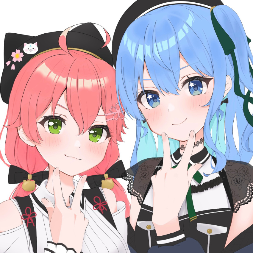 Safebooru - 2girls ahoge beret black dress blue eyes blue hair clothing cutout dress green eyes ...