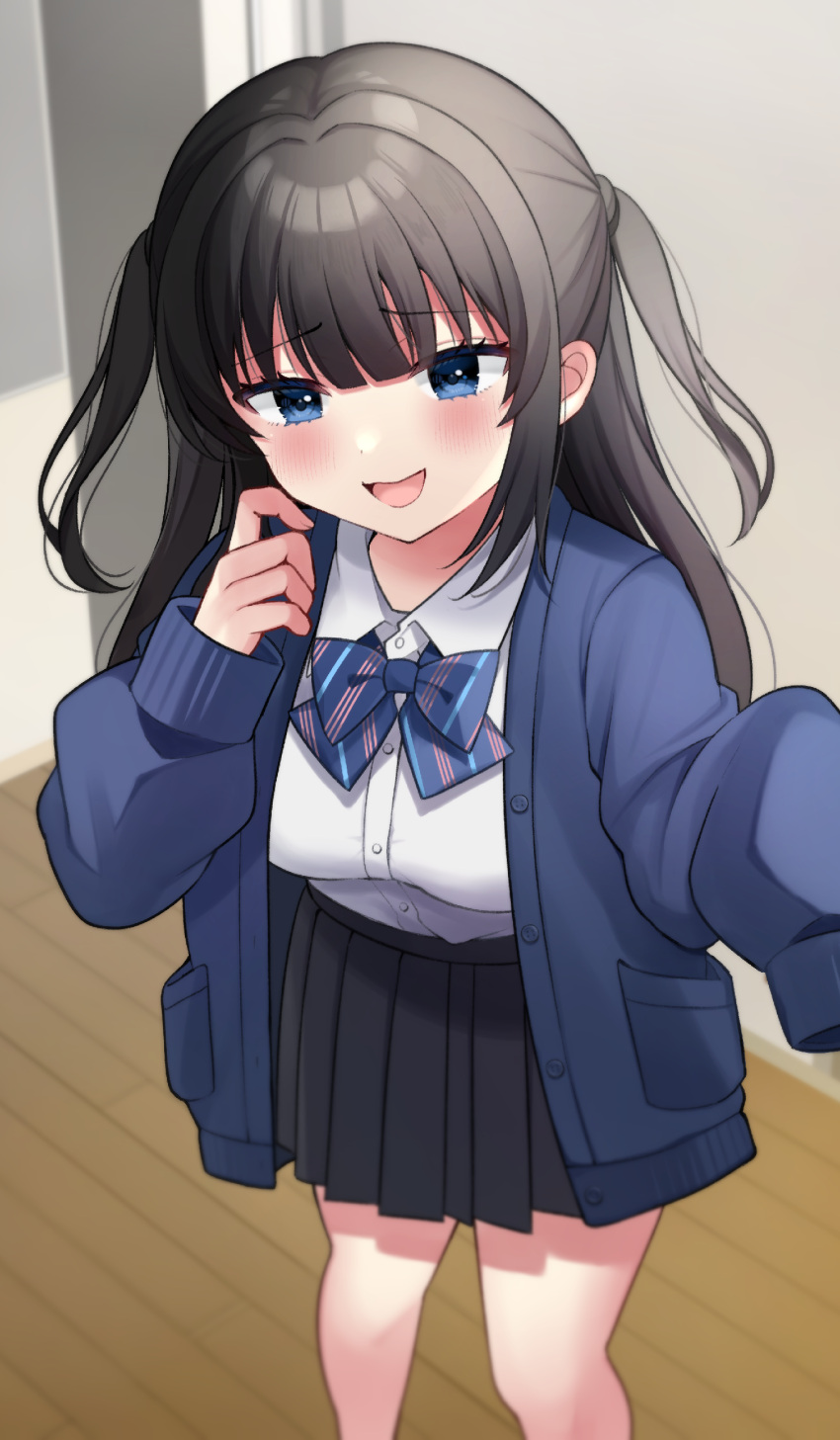 Safebooru - 1girl :d absurdres black hair black skirt blue bow blue eyes blue jacket blush bow ...