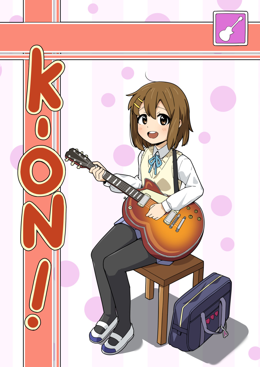 Safebooru - 1girl :d absurdres aria (colorless) bag black pantyhose blue ribbon brown eyes brown ...