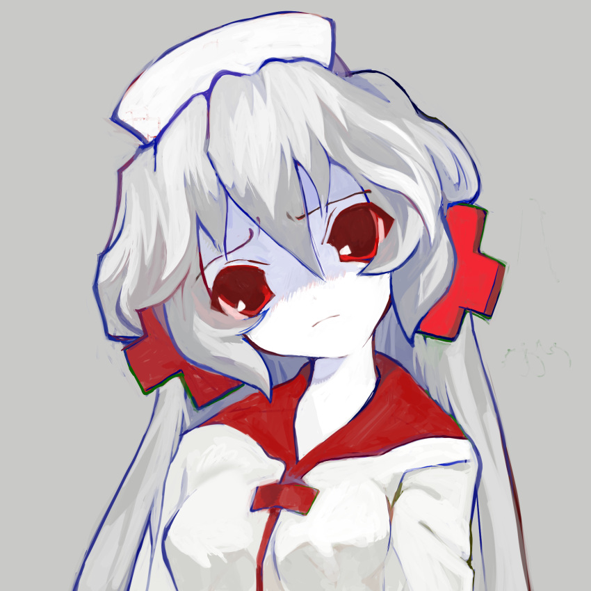 Safebooru - 1girl 8eyes colored eyelashes colored skin frown grey hair ...