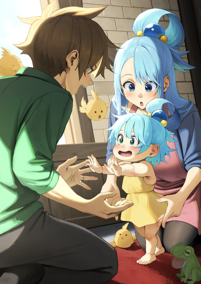 Safebooru - 1boy 2girls apron aqua (konosuba) barefoot bird blue eyes blue hair blush brown hair ...