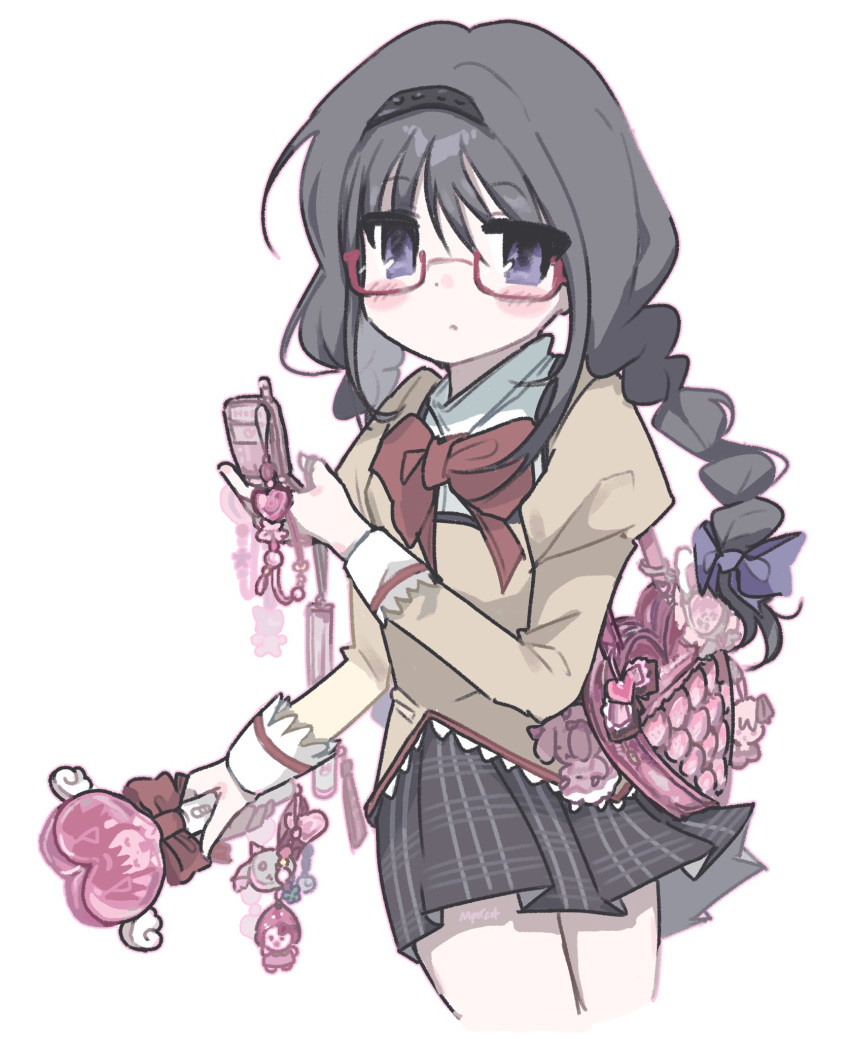 Safebooru - 1girl :o akemi homura bag bag charm black hair black hairband black skirt blush ...