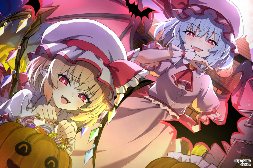 Safebooru - 2girls bat wings blonde hair blue hair dress flandre scarlet halloween hat highres ...