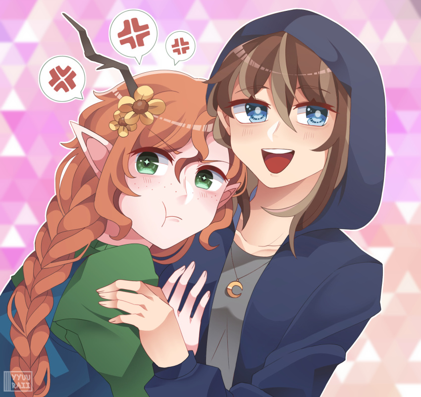 Safebooru - 2girls anger vein antlers blue eyes blue jacket blue overalls braid brown hair ...