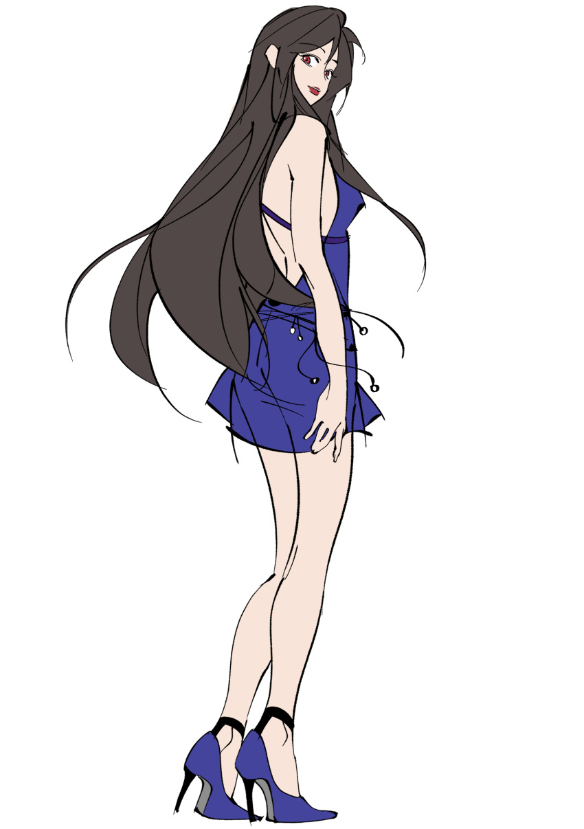 Safebooru - 1girl absurdres bare arms bare shoulders black hair blue dress blue footwear blue ...