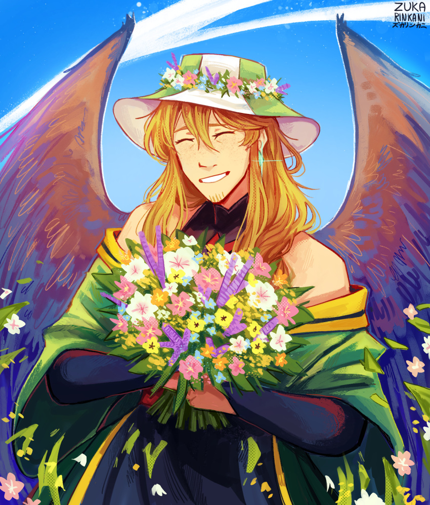 Safebooru - 1boy animification artist name bird boy bird wings black wings blonde hair bouquet ...