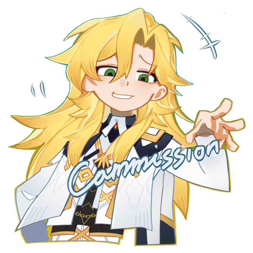 Safebooru - +++ 1boy blonde hair commentary commission cropped torso green eyes hand up highres ...