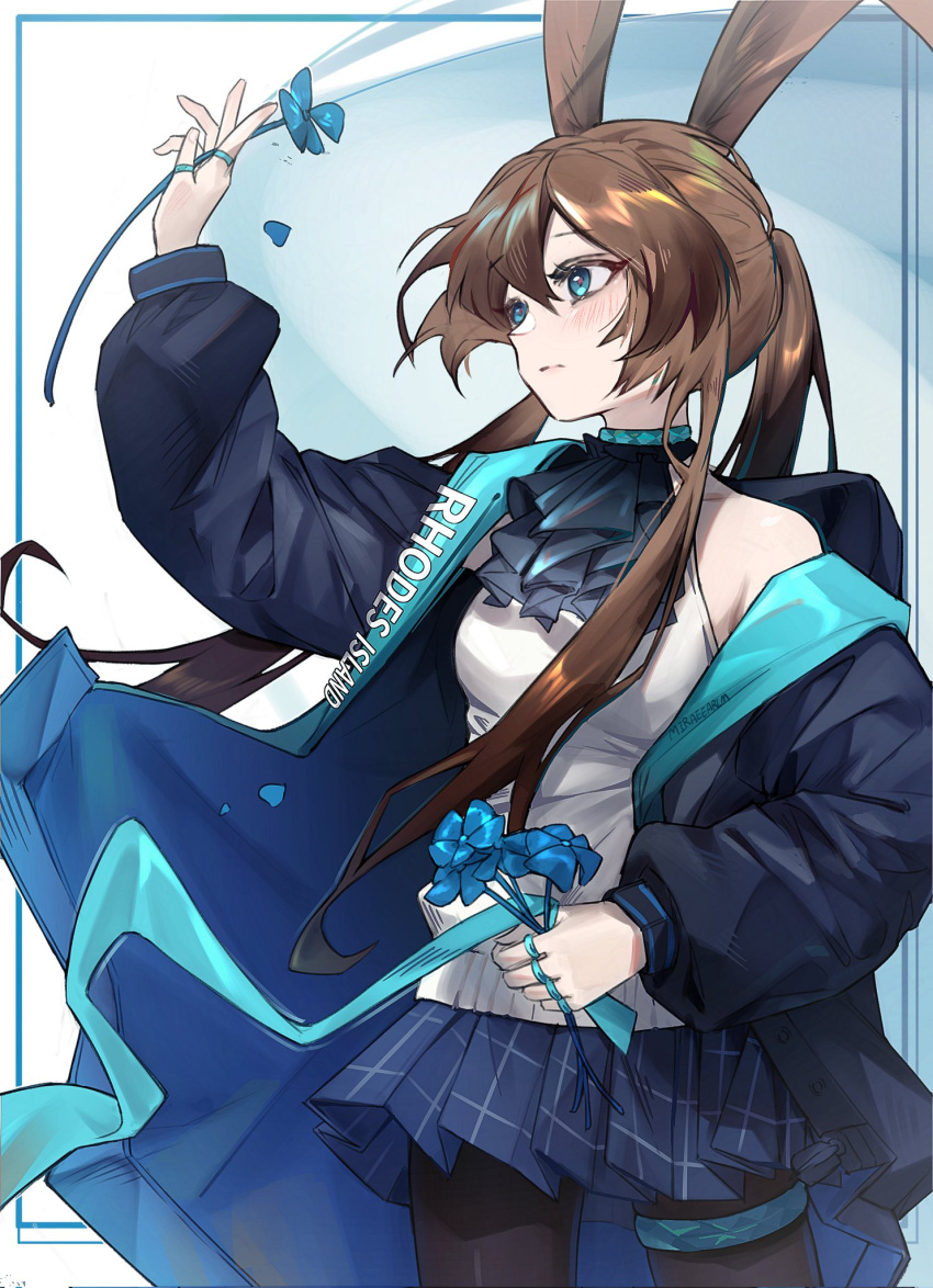 Safebooru - 1girl amiya (arknights) animal ears arknights artist name ascot bare shoulders blue ...