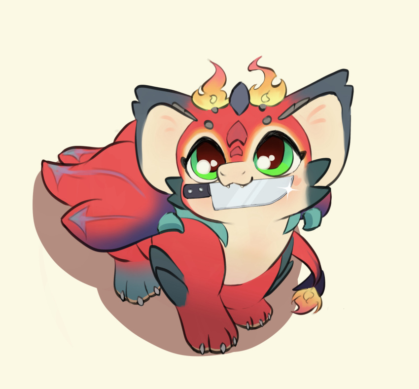 Safebooru - dragon flame-tipped tail full body glint green eyes halvitty highres holding holding ...