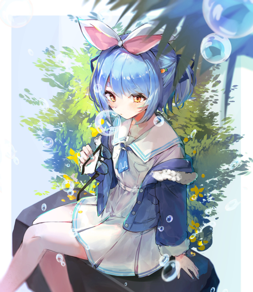 Safebooru - 1girl air bubble blue hair blue jacket bubble closed mouth commentary dress feet out ...