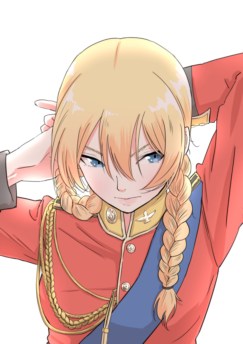 Safebooru - 1girl adjusting hair aiguillette arms behind head bangs birthday blonde hair blue ...