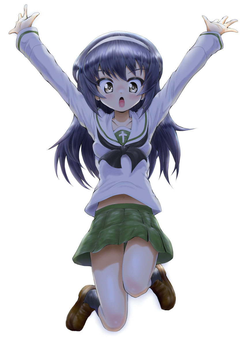 Safebooru - 1girl absurdres arms up bangs black hair black legwear black neckwear brown eyes ...