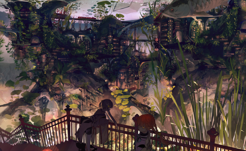 Safebooru - 2girls braid branch bridge brown hair building fish ground ...