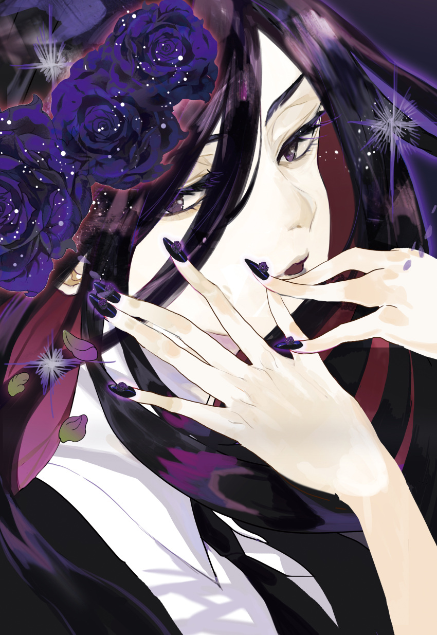 Safebooru - 1other absurdres androgynous black eyes black flower black ...