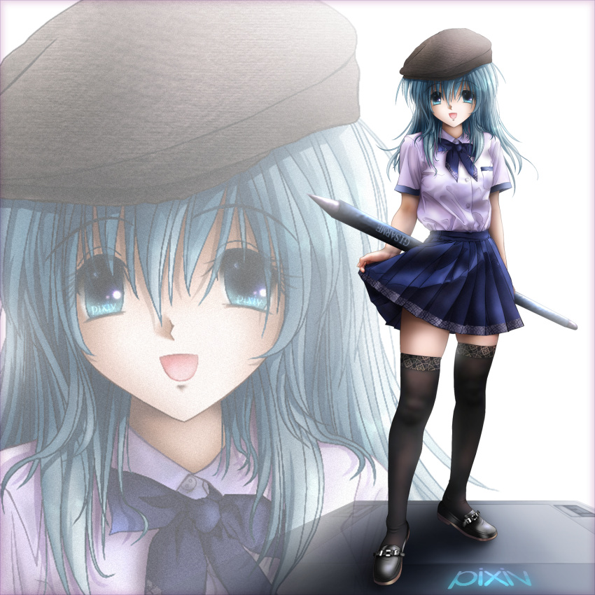 Safebooru - aqua hair black legwear black thighhighs gisarme hat ...