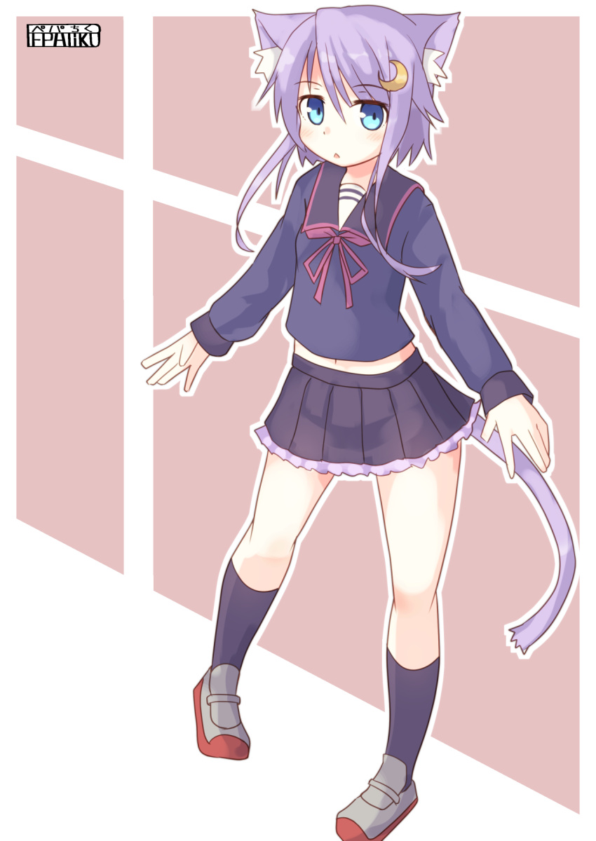 Safebooru - 1girl animal ears artist logo black legwear black serafuku blue eyes cat ears cat ...