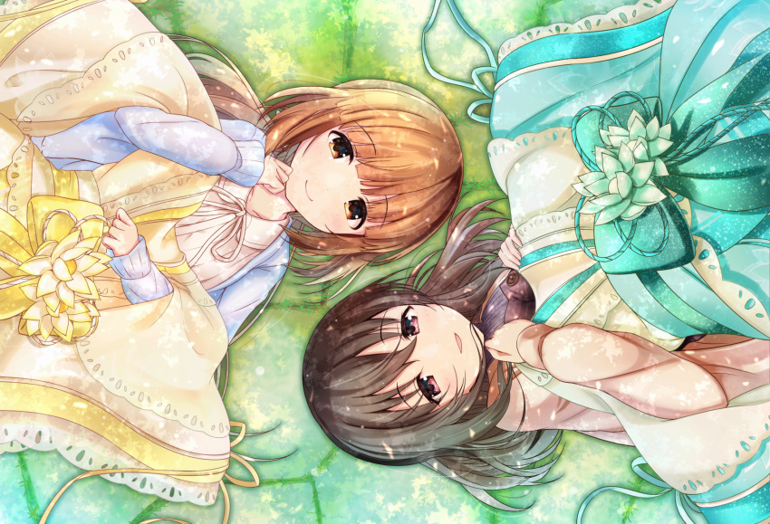 Safebooru - 2girls akisaka yamoka bangs black hair blunt bangs brown eyes brown hair dress ...