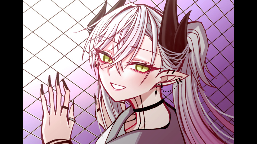 Safebooru - 1girl black nails chain-link fence cosplay demon horns ...