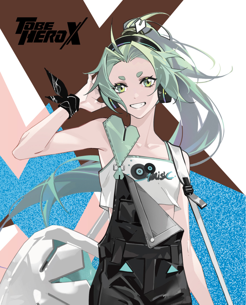 Safebooru - 1girl absurdres aqua hair black overalls crop top green ...