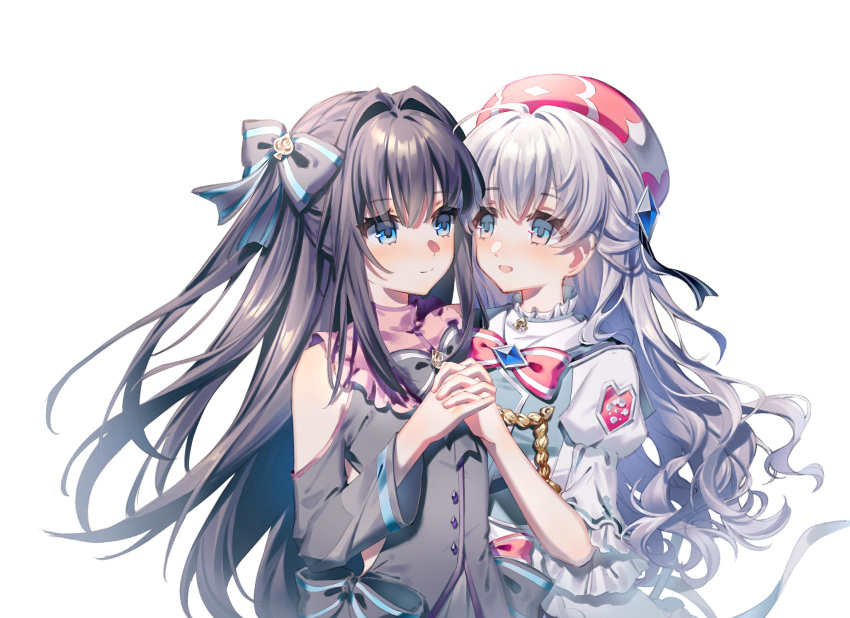 Safebooru - 2girls :o arcaea bare shoulders beret black bow black ...