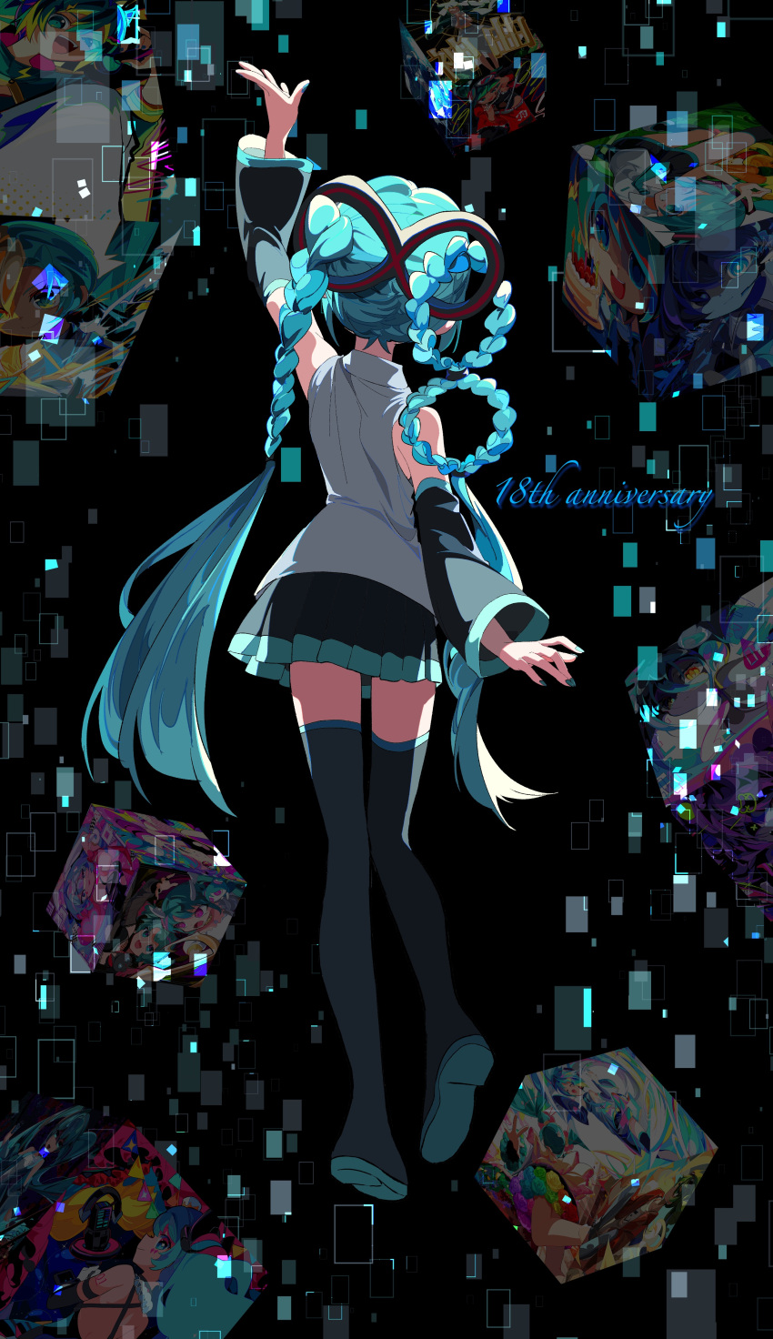 Safebooru - 1girl absurdres aimaina anniversary aqua hair arm up bare ...