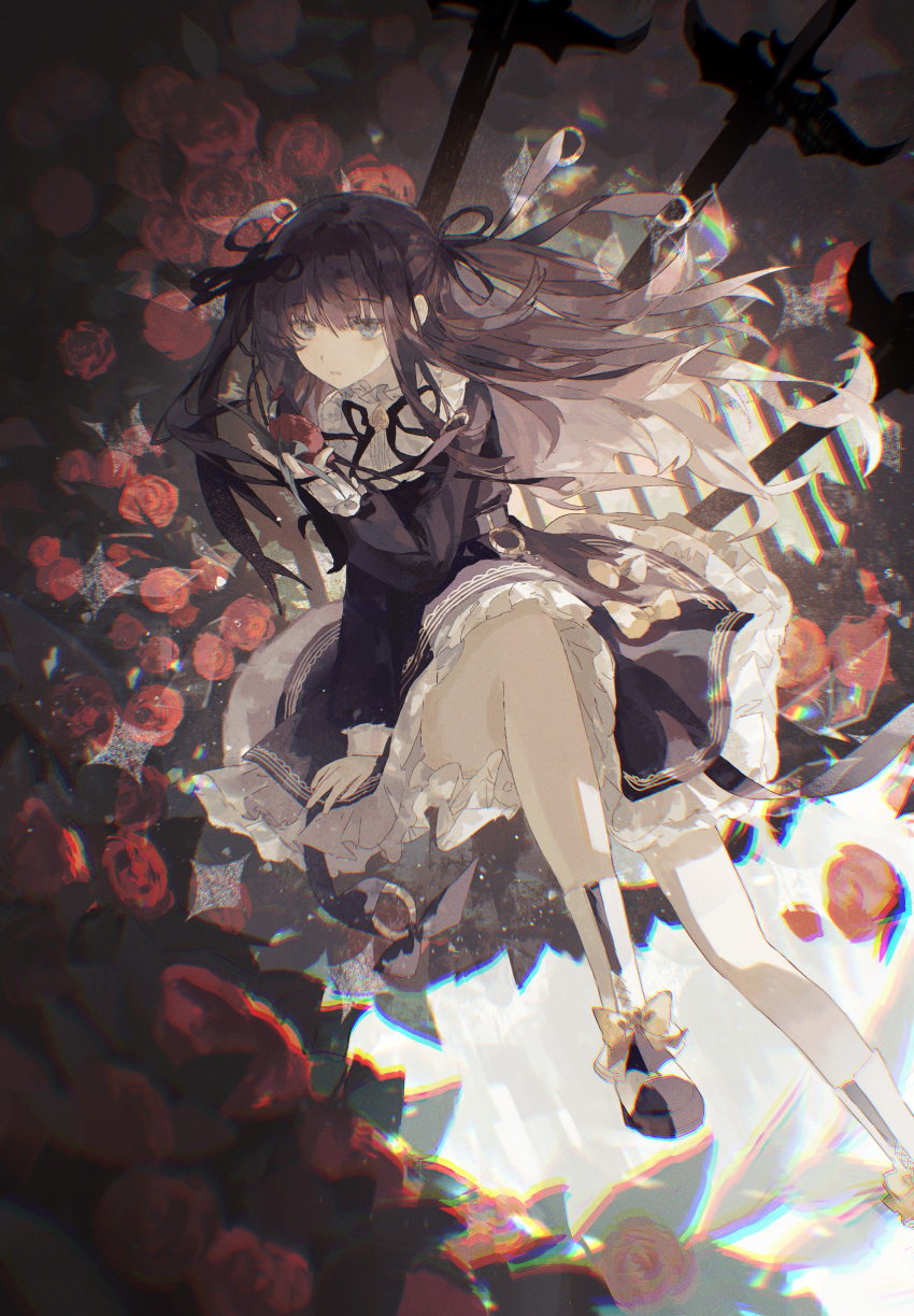 Safebooru - 1girl :o absurdres arcaea black dress black hair black ribbon black shoes blue eyes ...