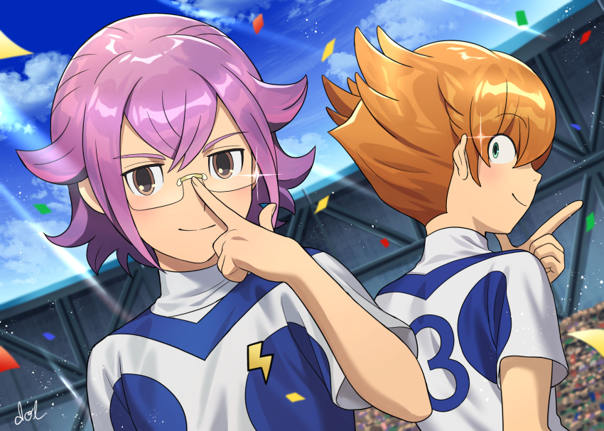 Safebooru - 2boys adjusting eyewear audience blue sky brown eyes clouds ...