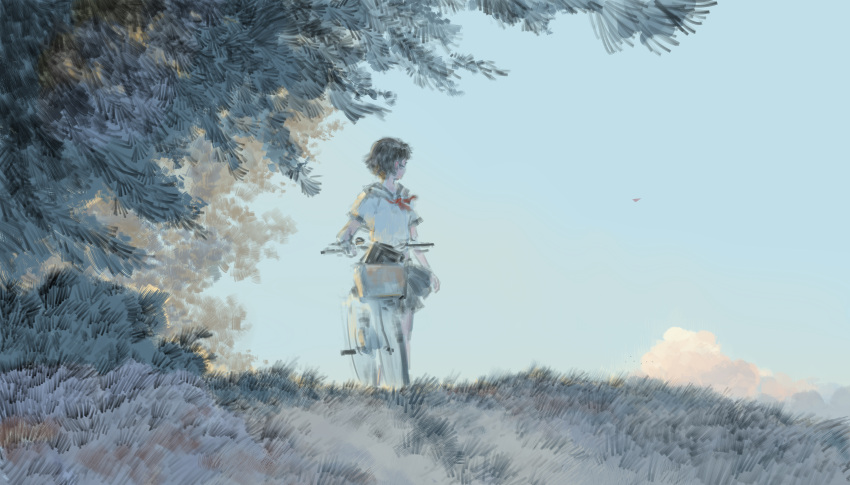 Safebooru - 1girl absurdres bangqiao yan bicycle black hair black serafuku black skirt blue sky ...