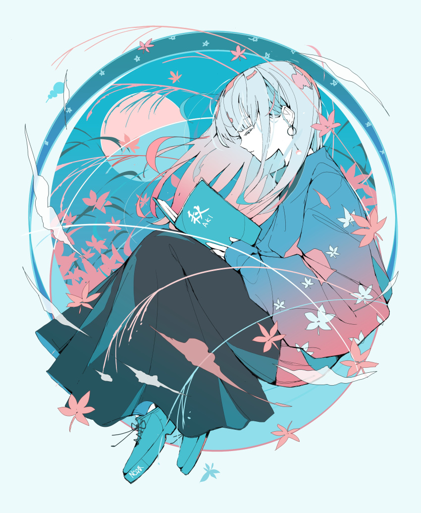 Safebooru 1girl Absurdres Blue Hair Book Full Body Highres Leaf Light 3660