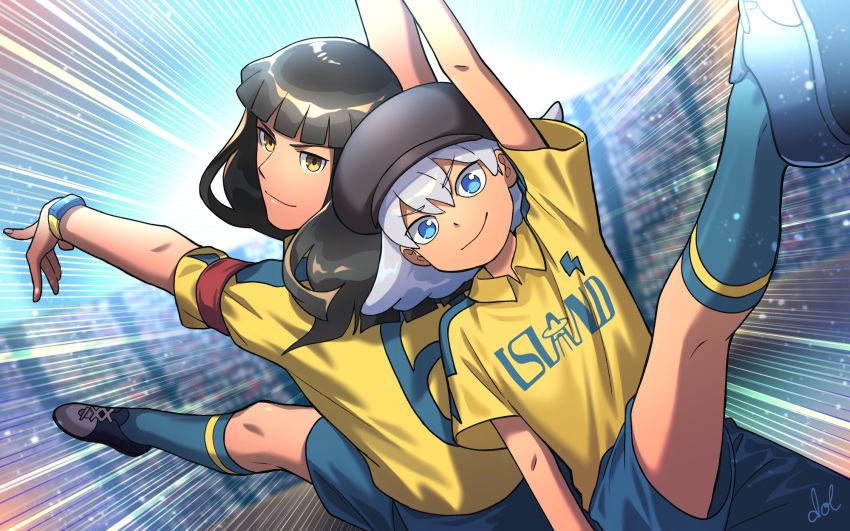 Safebooru - 2boys aqua shorts aqua socks armband audience back-to-back ...