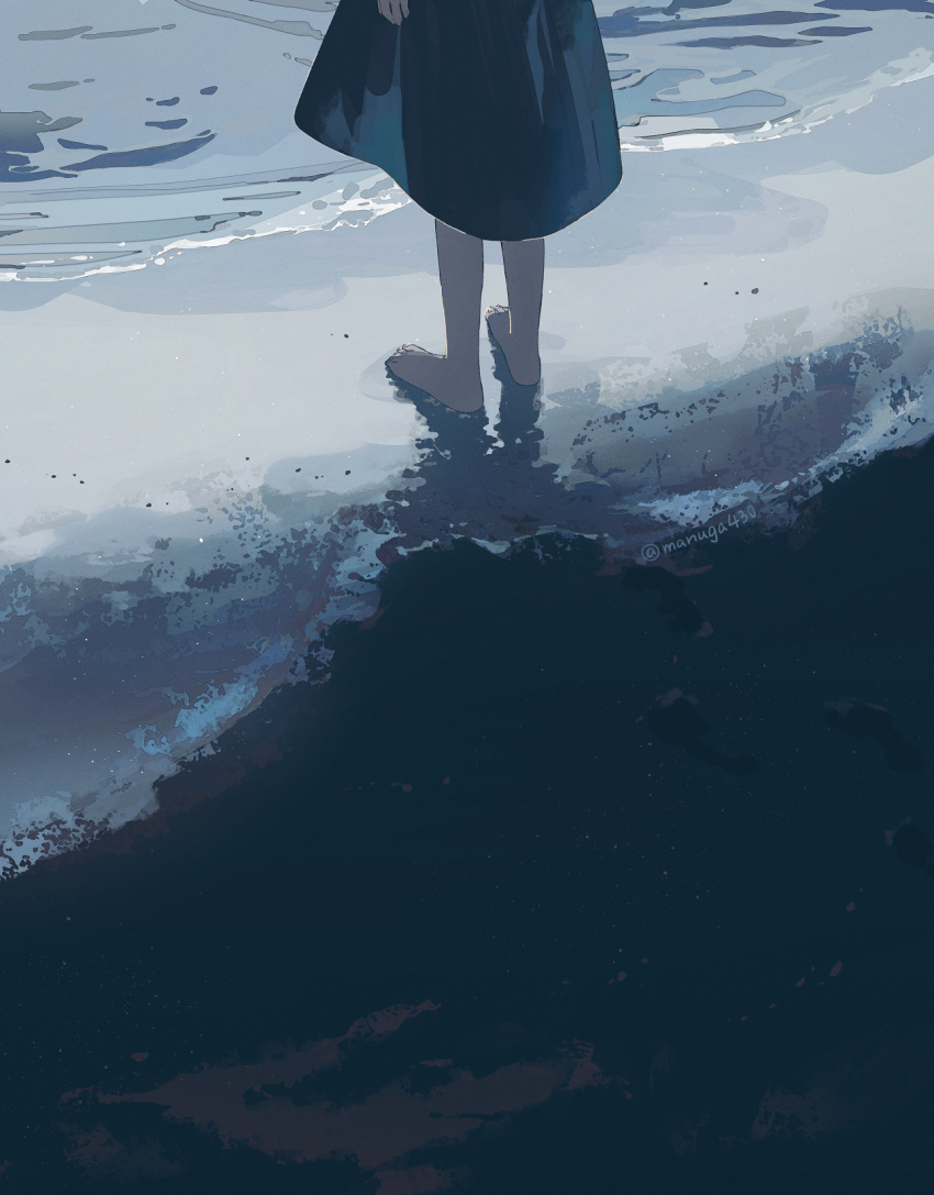 Safebooru 1girl Arms At Sides Barefoot Beach Black Dress Blue Theme 3465