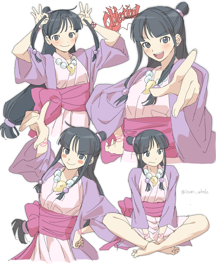 Safebooru - 1girl :d :| ace attorney barefoot bead necklace beads black eyes black hair blush ...