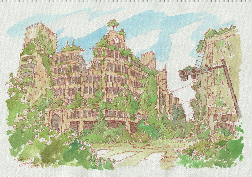 Safebooru - abandoned blue sky building clock clock tower commentary ...