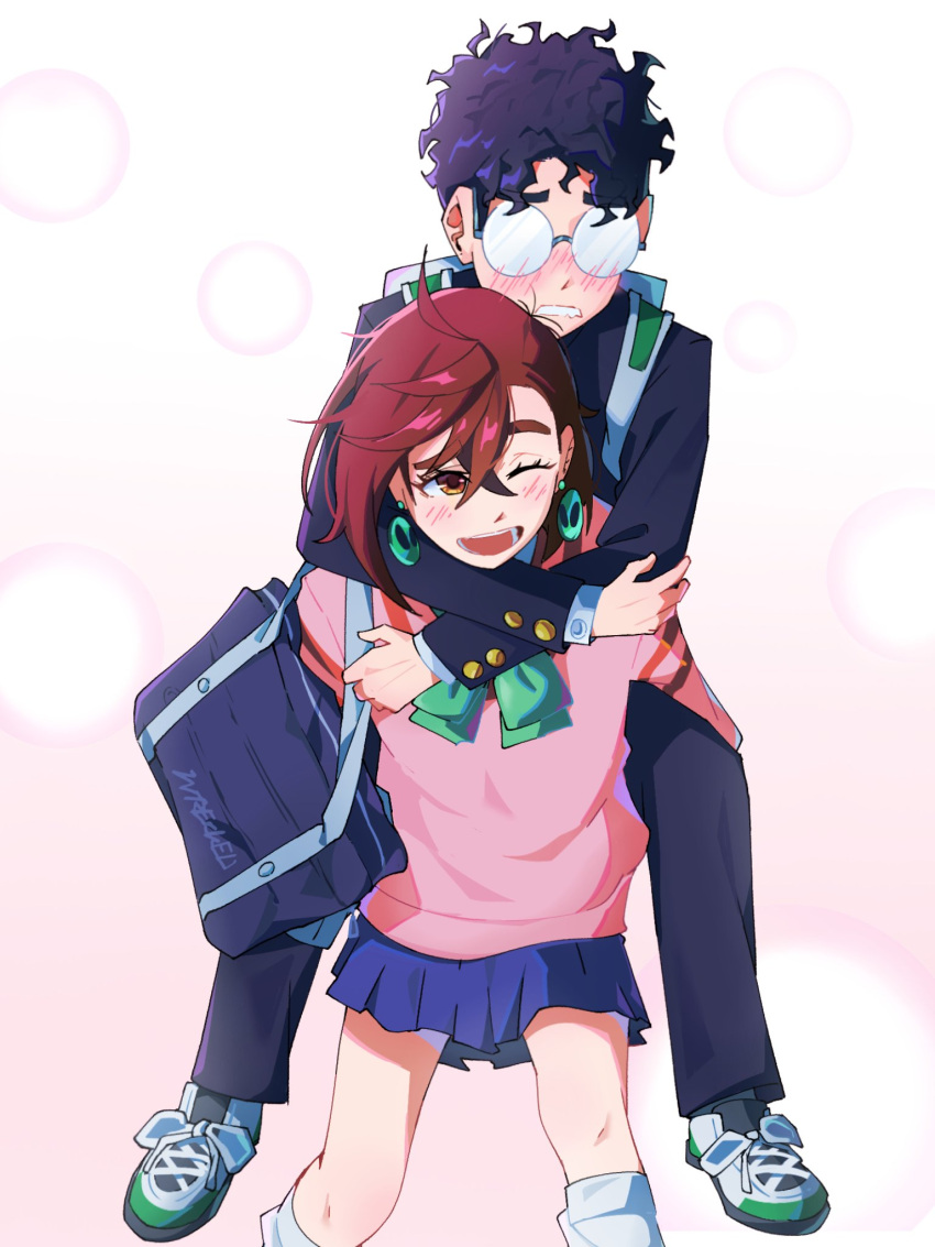 Safebooru - 1boy 1girl arms around neck ayase momo backpack bag black hair black jacket black ...