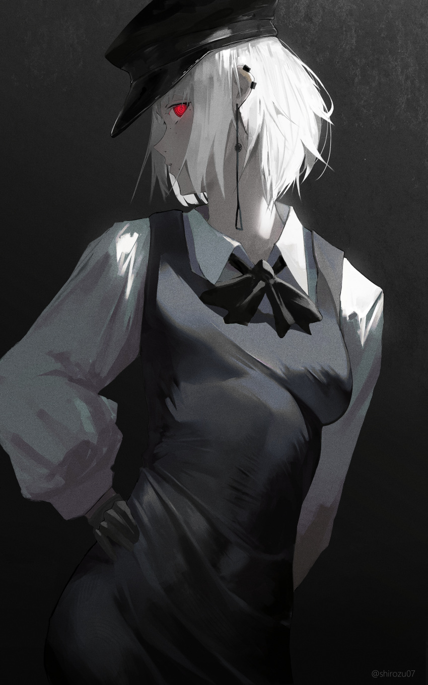 Safebooru - 1girl absurdres black background black dress black hat black ribbon chainsaw man ...